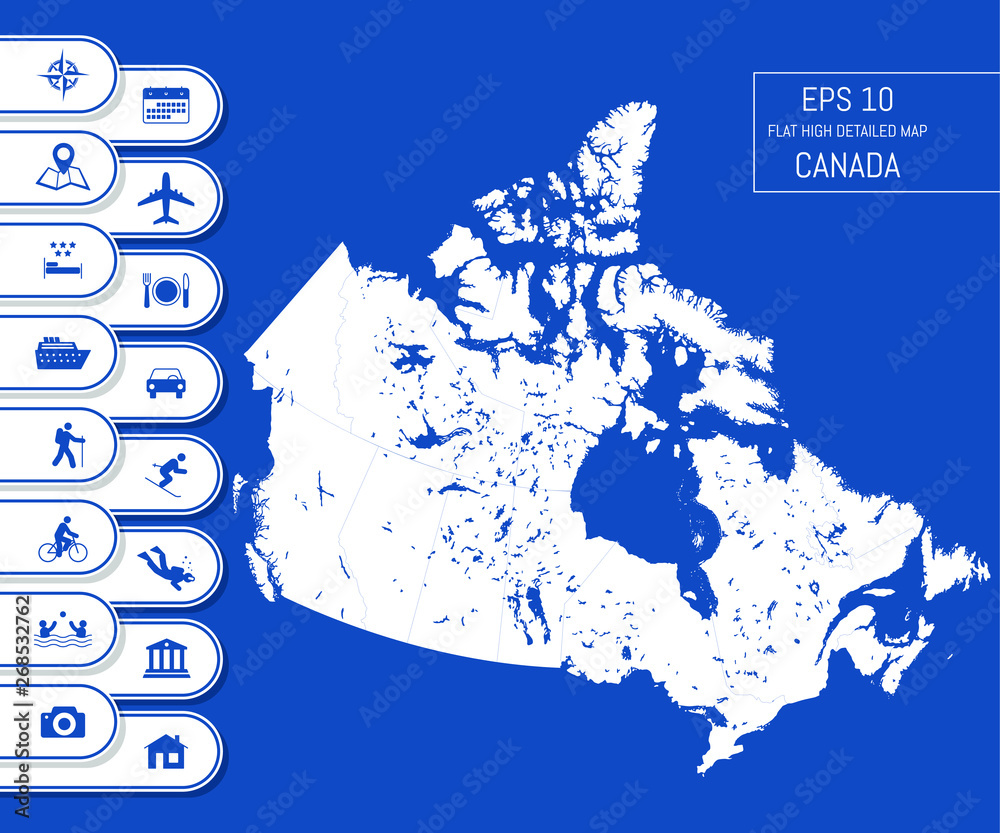 Flat high detailed Canada map. Lakes in separate layer. Divided into ...