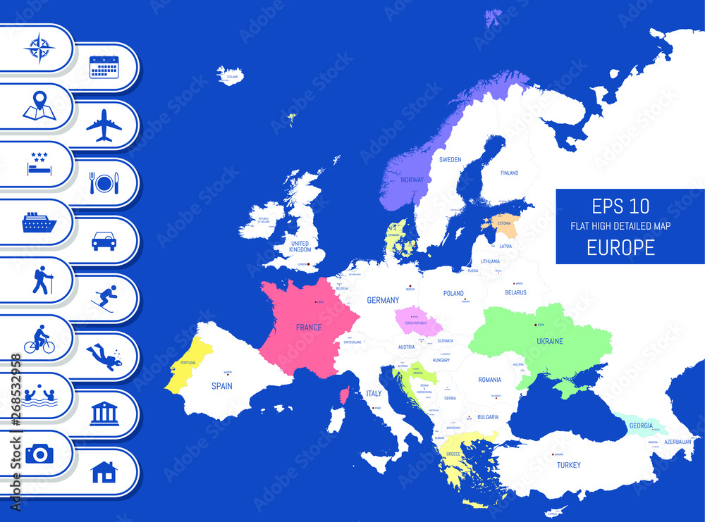 Flat high detailed Europe map. Capitals and country names. Divided into ...