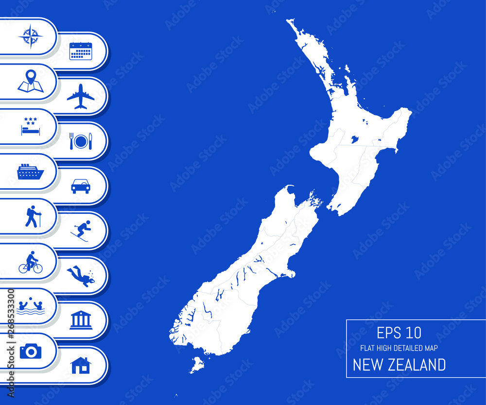 Flat high detailed New Zeland map. Divided into editable contours of ...