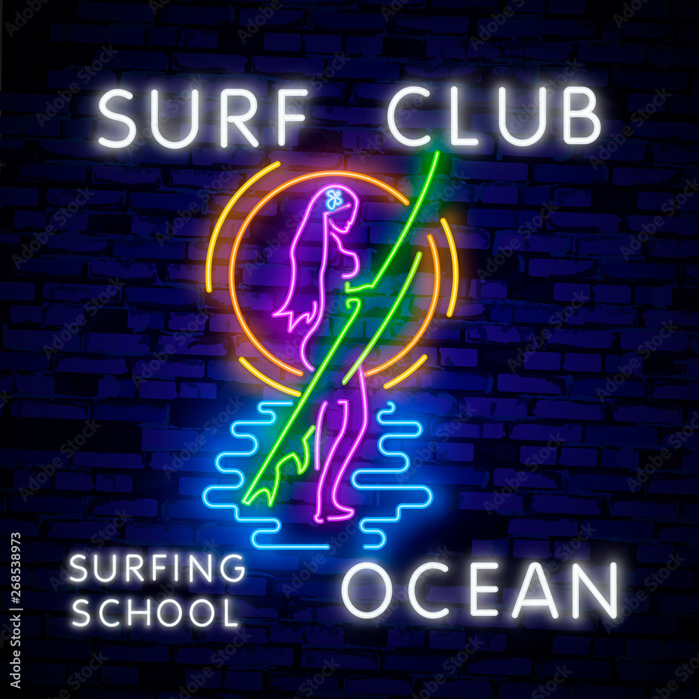 Surfing Poster in Neon Style. Glowing Sign for Surf Club or Shop ...