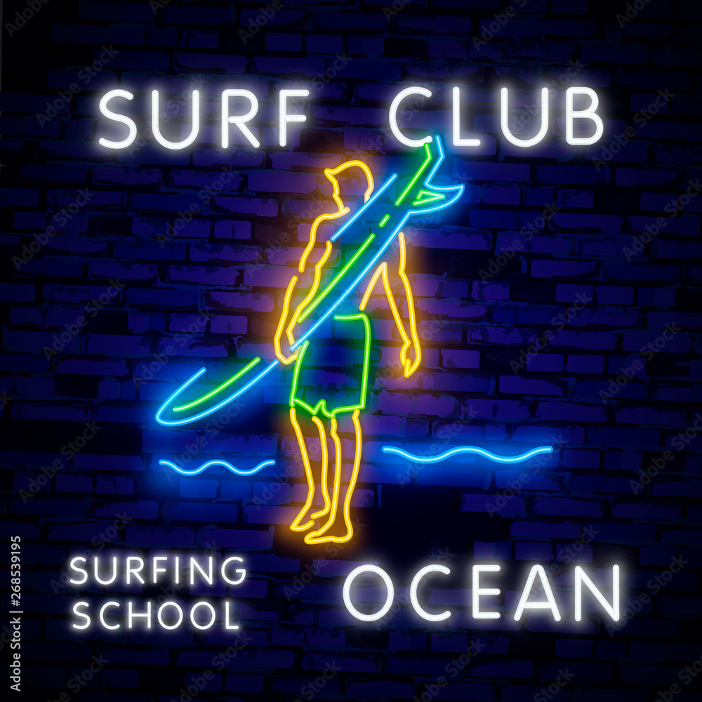 Surfing Poster in Neon Style. Glowing Sign for Surf Club or Shop ...