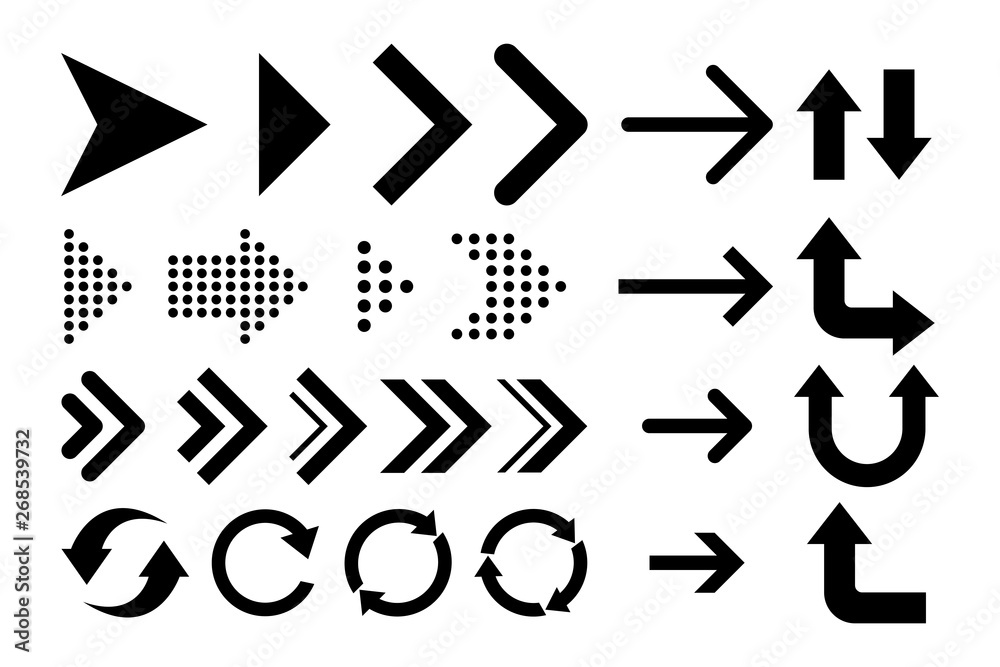 Set of arrows simple lines curve sign isolated on white background. For ...