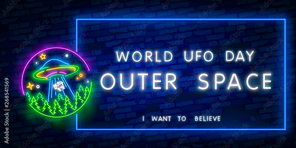 Space Neon sign UFO. Retro neon. Cosmic Theme design template concept ...