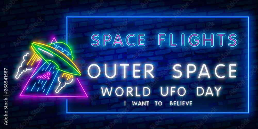 Space Neon sign UFO. Retro neon. Cosmic Theme design template concept ...