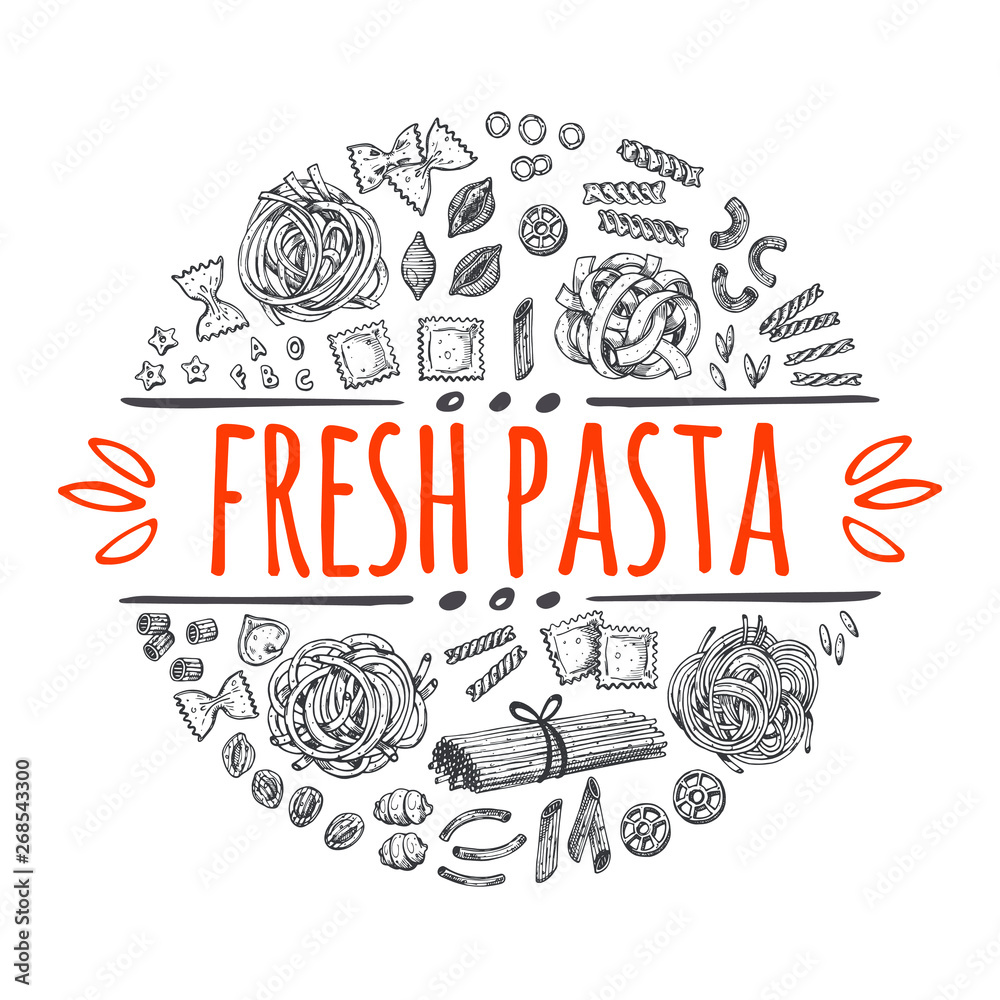 Fresh pasta concept design. Round circle composition. Hand drawn vector ...