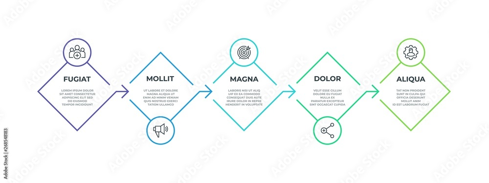 Step line infographic. 5 step square presentation graphic, business ...