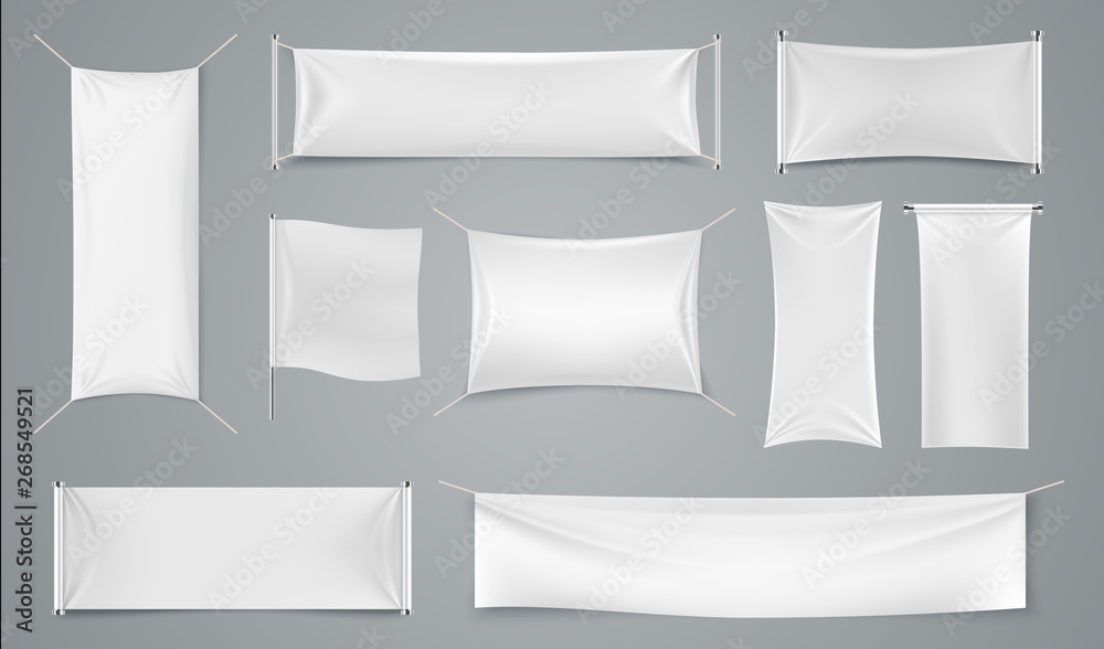 Textile ad banner. Blank white fabric advertising mockup, realistic ...