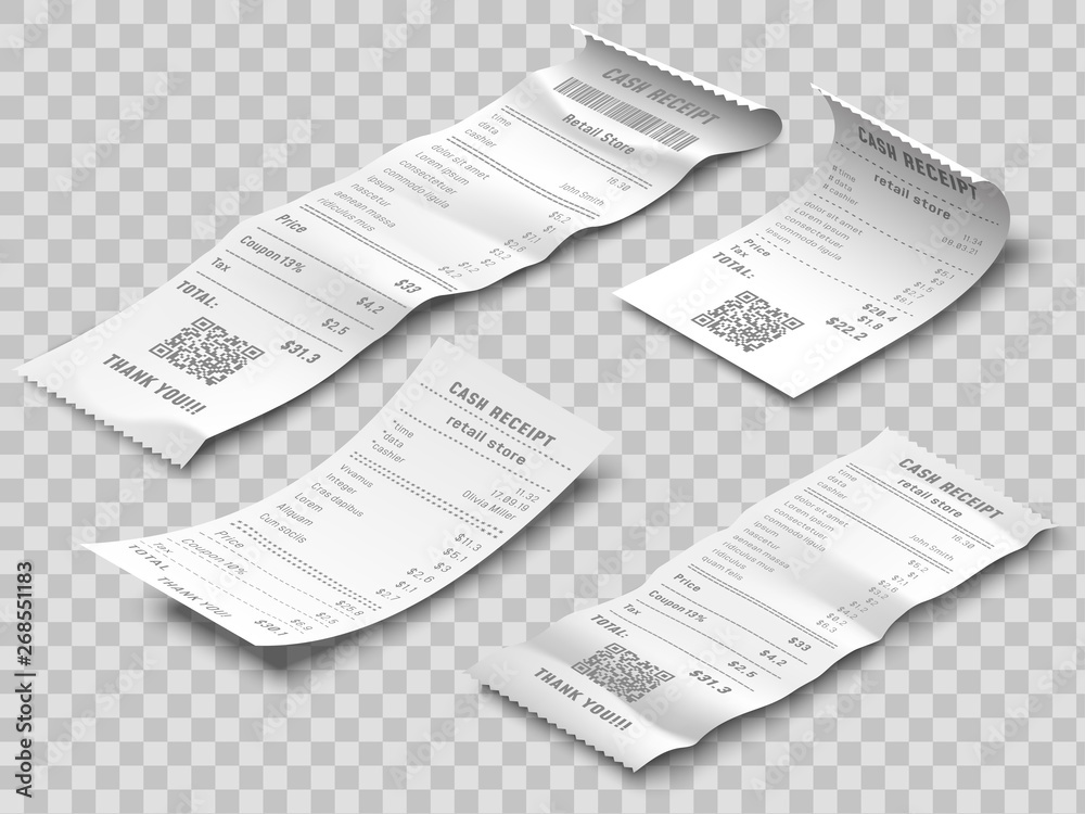 Isometric financial check. Payment checks, thermal printed rolled paper ...