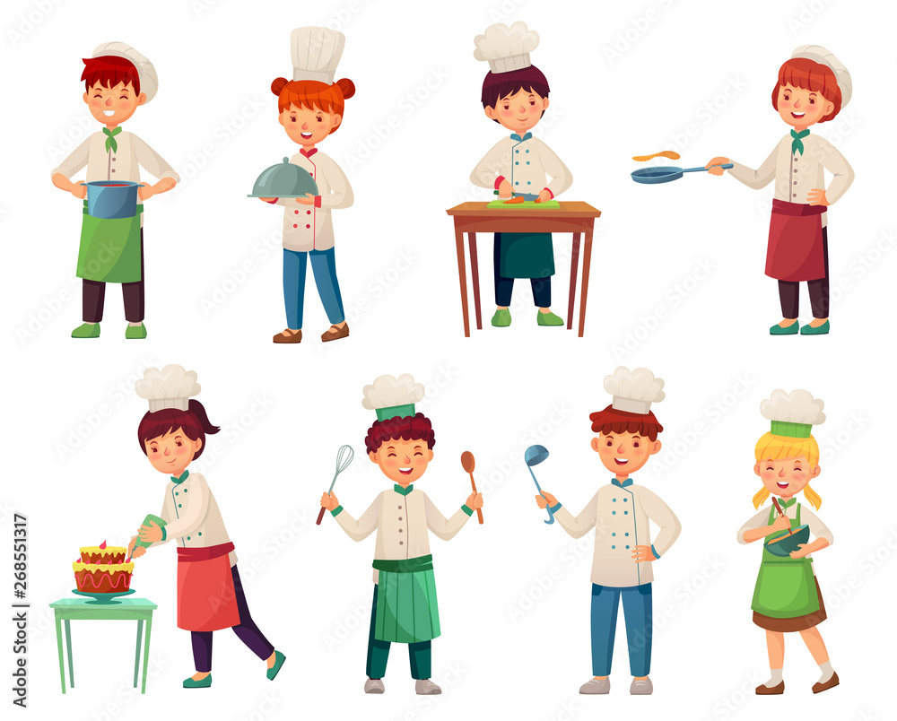 Cartoon children cooks. Little chief cook, child cooking food and young ...