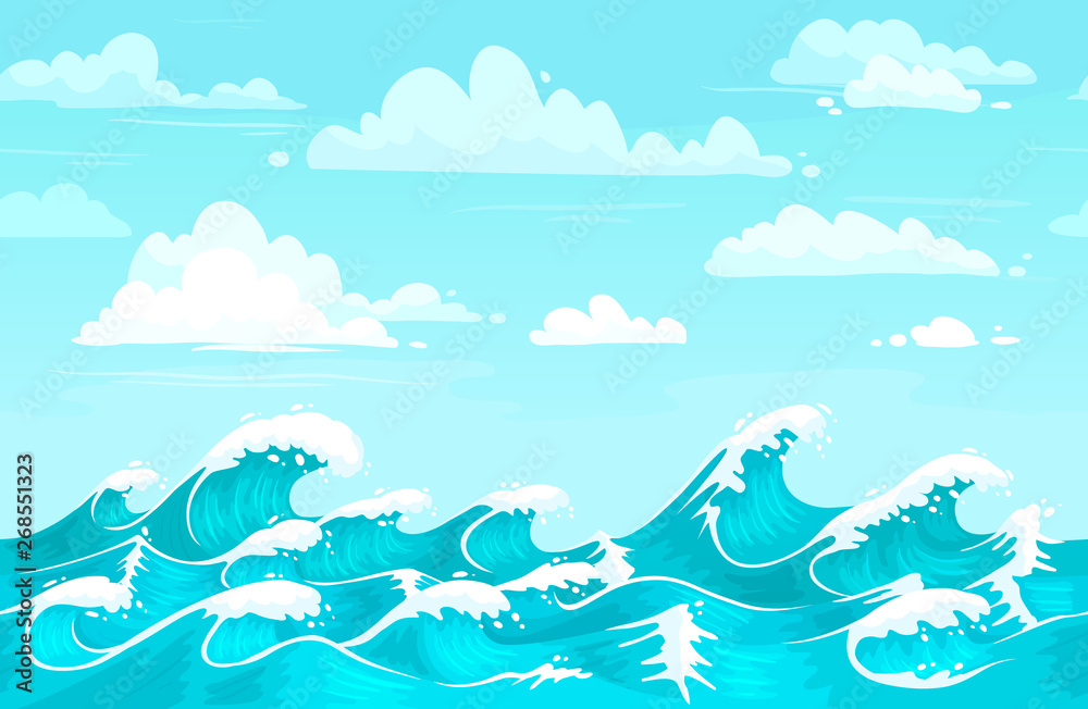 Ocean waves backdrop. Sea water, storm wave and aqua seamless cartoon ...