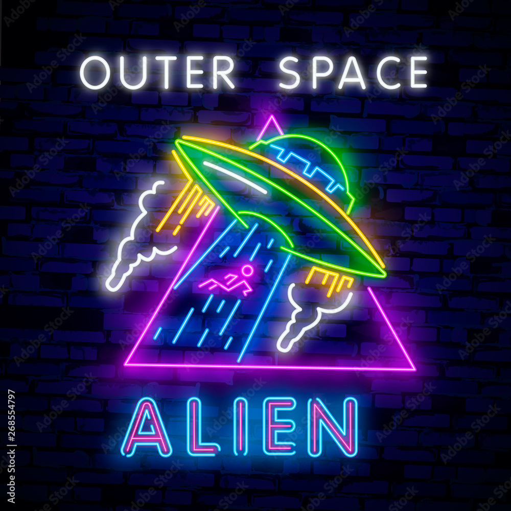 Vecteur Stock Space Neon sign UFO. Retro neon. Cosmic Theme design ...