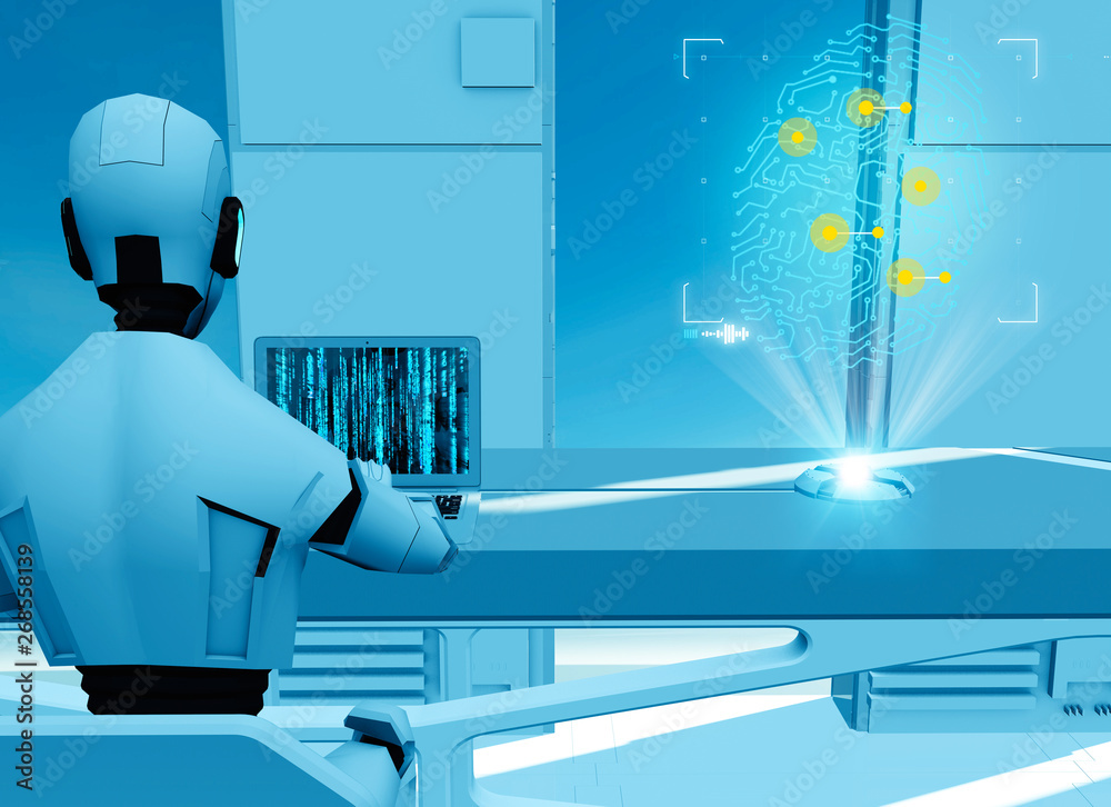 Artificial intelligence, robot. Cyborg on the computer. Science fiction ...