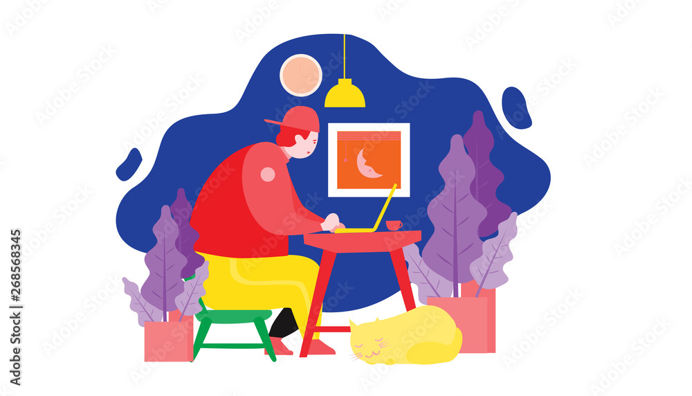 Working Overnight Freelancer Vector Illustration In Isolated White ...