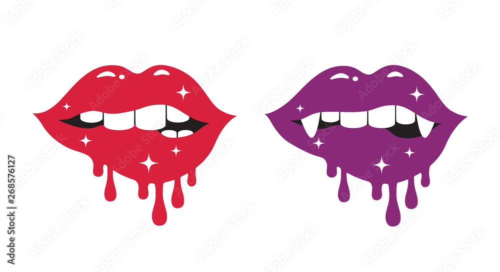 Vector illustration of glossy dripping red lips. Vampire lips with ...
