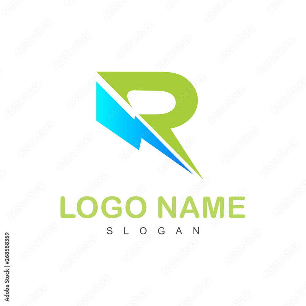 logo letter r, logo letter r uses high voltage lightning + r icon with ...