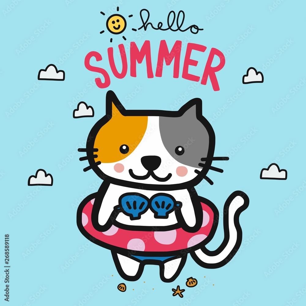 Hello summer cat wear bikini cartoon vector illustration Stock Vector ...