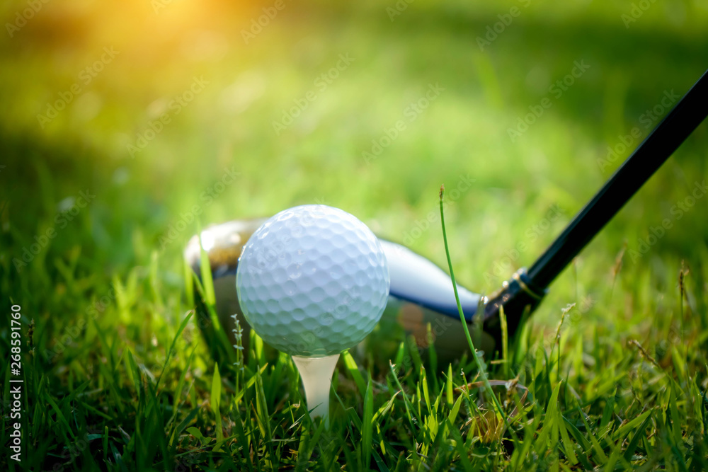 Golf ball and golf club in beautiful golf course at Thailand ...