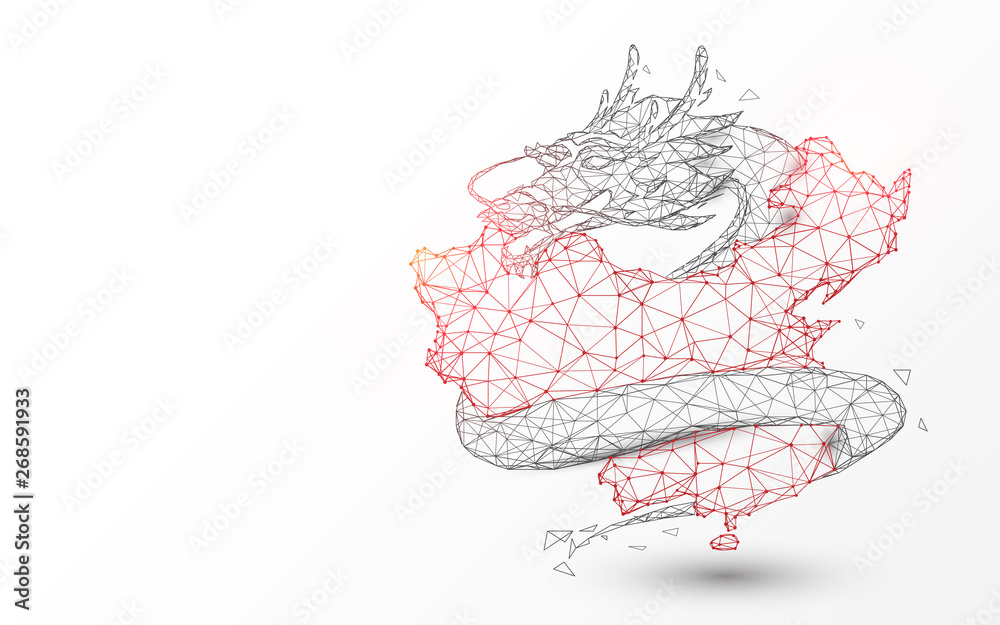 China map with chinese dragon from lines, triangles and particle style ...