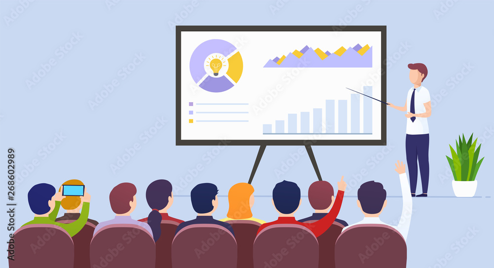 Business man teacher holds a lecture on e-commerce marketing, product ...