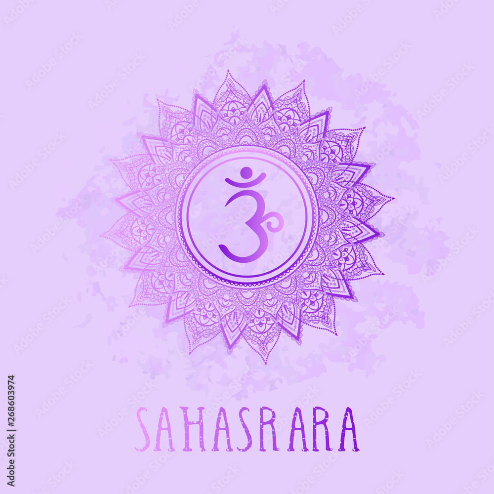 Vector illustration with symbol chakra Sahasrara on watercolor ...