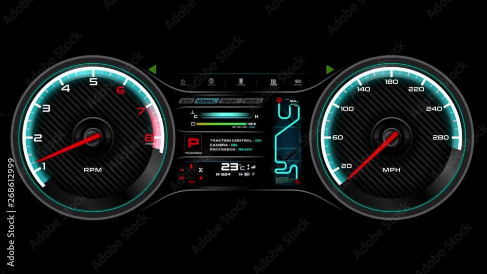 Car dashboard animation speedometer and round per minute meter cyber ...