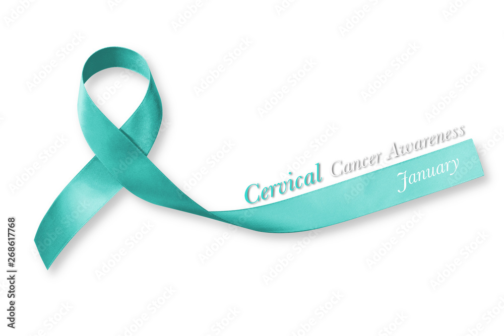 Teal ribbon for raising awareness on Cervical Cancer isolated on white ...