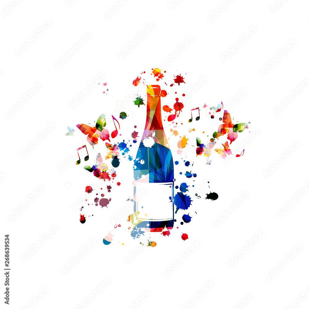 Colorful glass bottle background vector illustration. Party flyer, wine ...