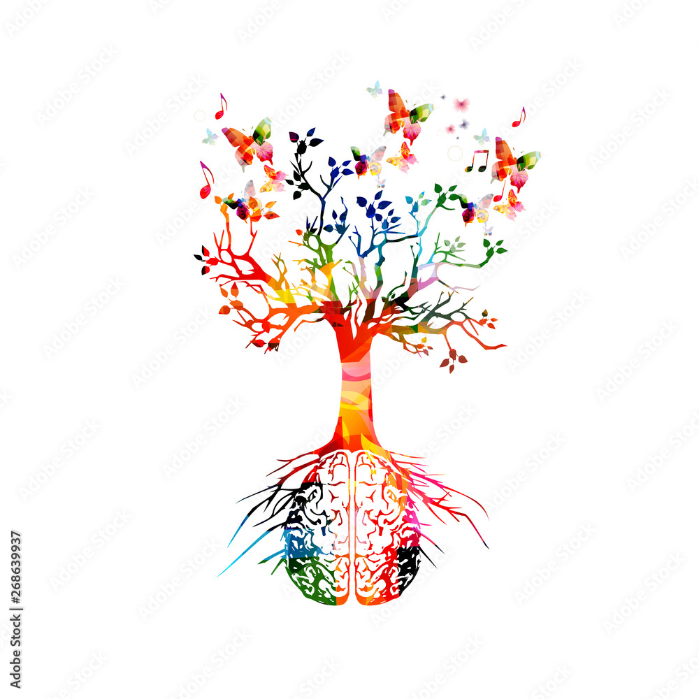 Colorful human brain with growing tree vector illustration background ...