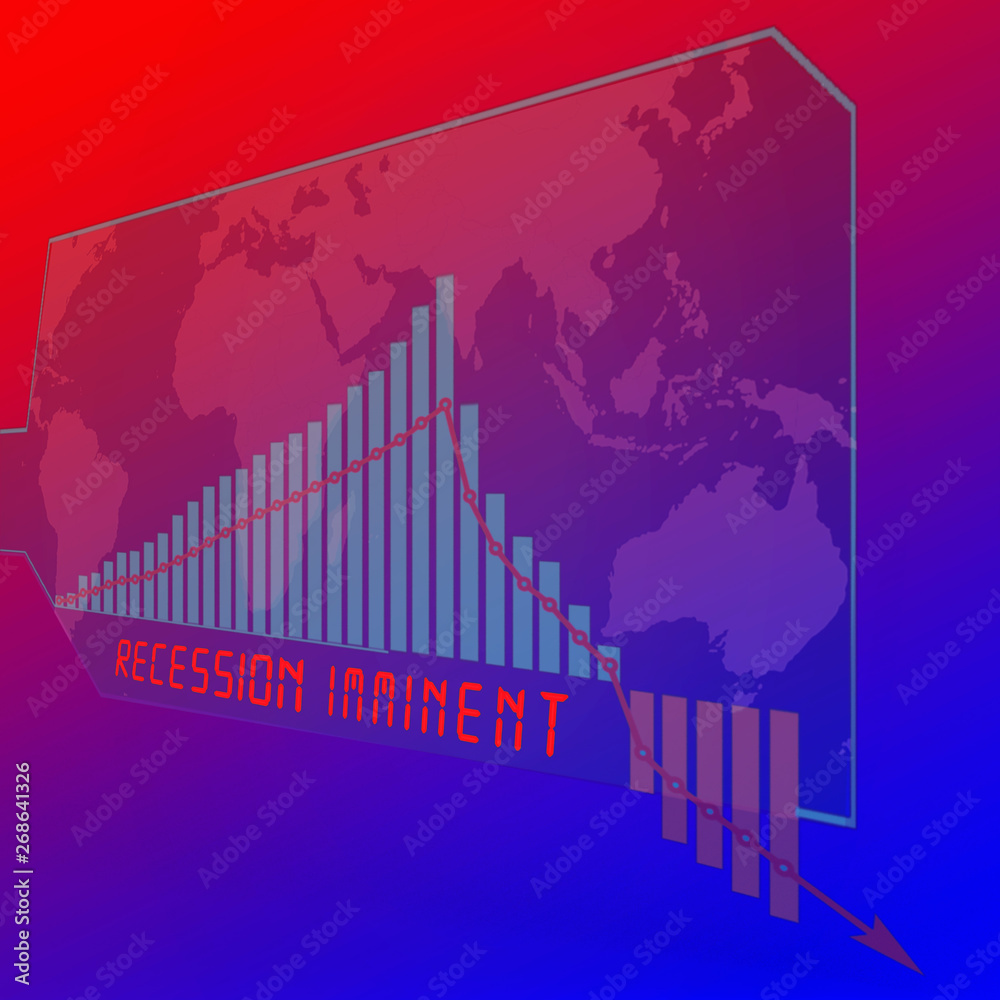 Global recession concept with a world map backdrop on a red and blue ...