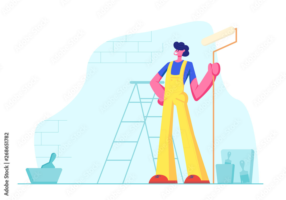 Home Repair Worker with Roller for Wall Painting. Professional ...