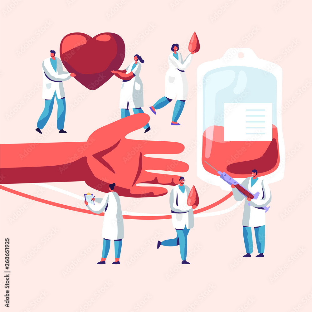 Blood Donation. Male, Female Characters in Medical Uniform Making ...