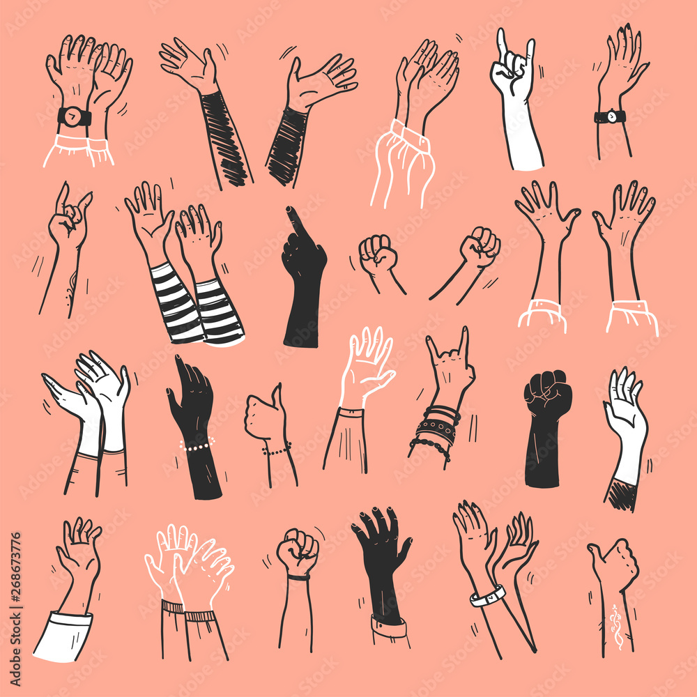 Vector collection of human hands up, gestures, thumb up, greeting ...