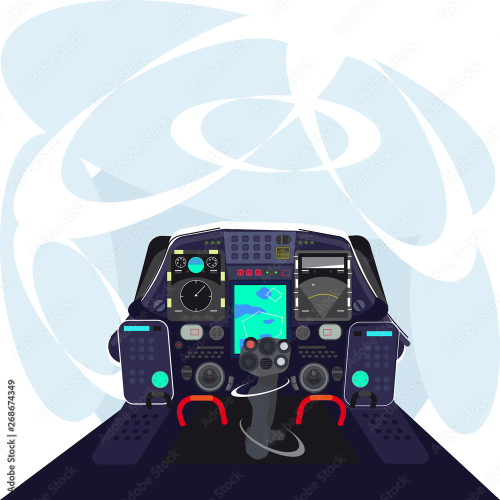 The cockpit of the pilot. View from the cockpit. Fighter simulator ...