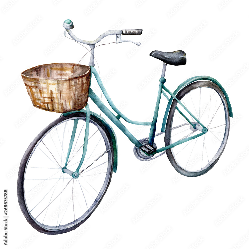 Watercolor card with blue bicycle with basket. Hand painted summer ...