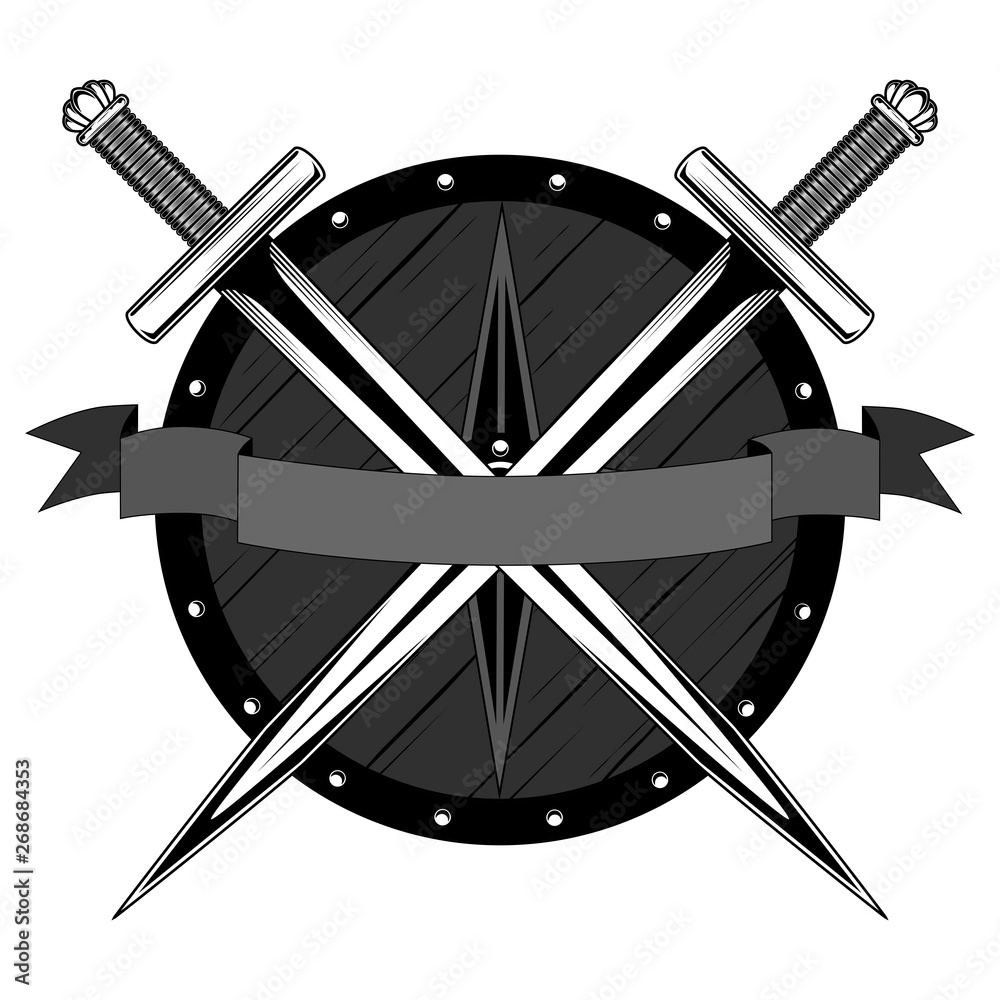Vector image of a round shield with swords. Image on white background ...