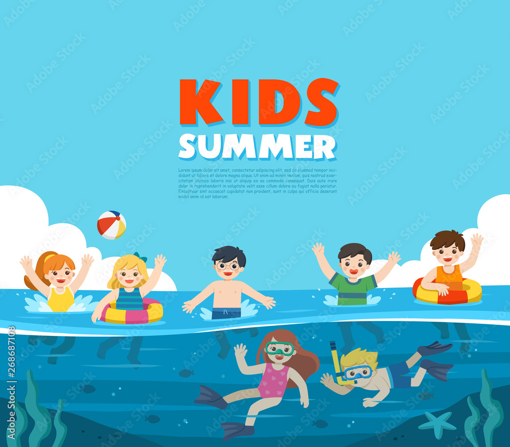 Happy kids play and swim in the sea. Little boy and girl diving with ...