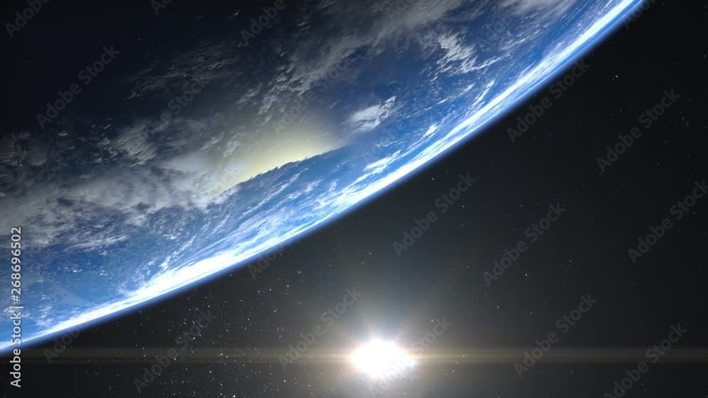 Earth from space. The camera rotates to the right and flies away from ...