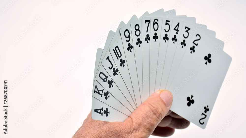 Mano sujetando todas las cartas de téboles de una baraja francesa Stock ...