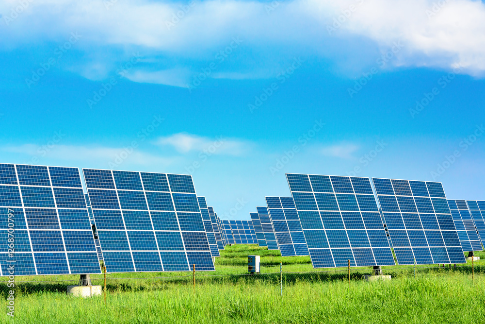 Solar station. Field with solar panels for the production of natural ...