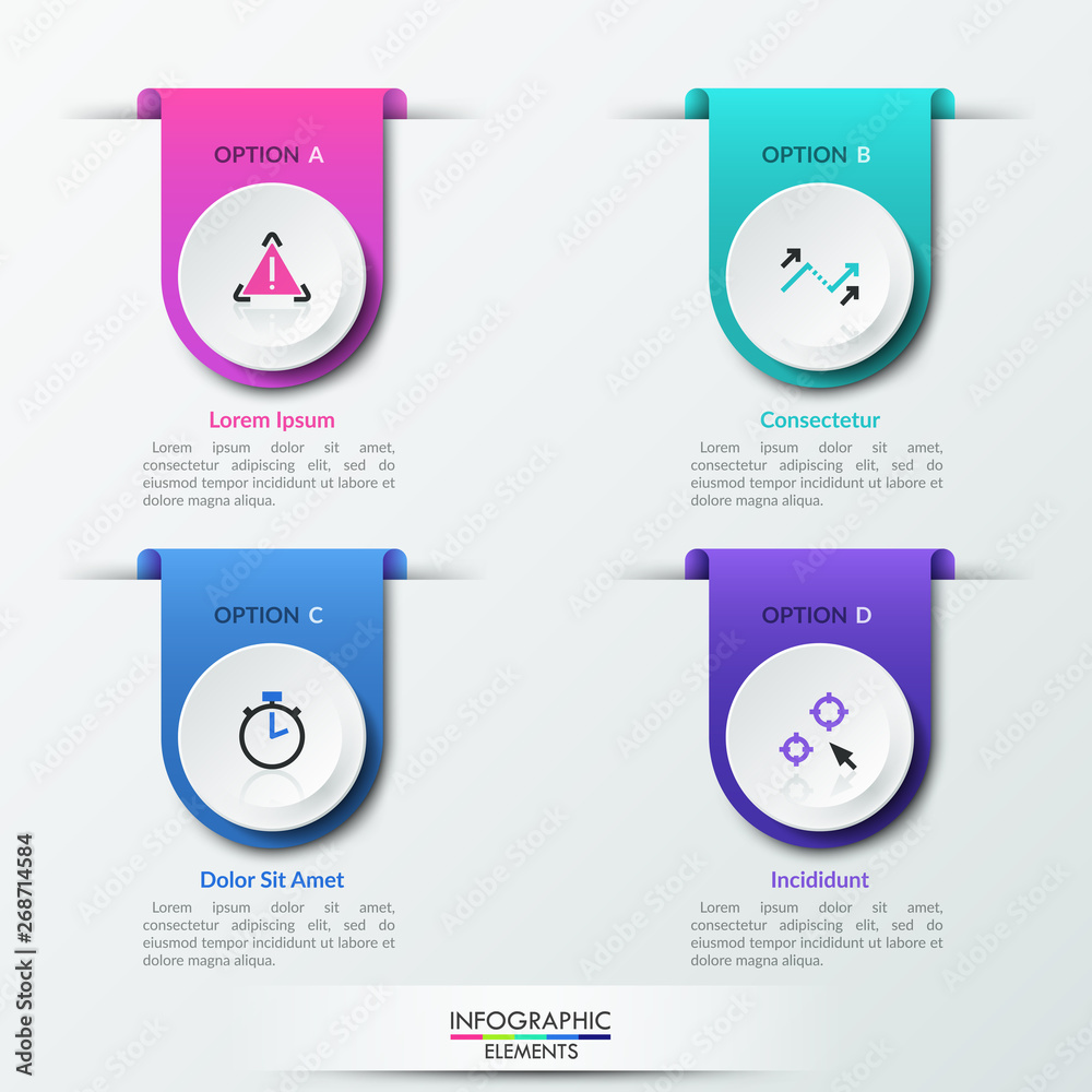 Four separate paper white round elements or bookmarks with thin line ...