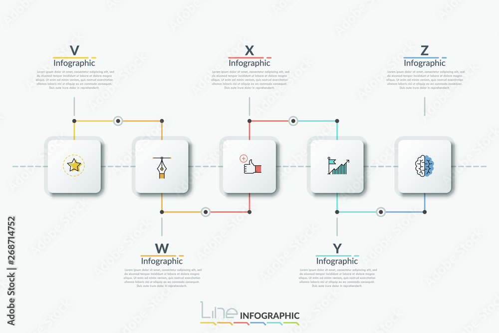 Five square paper white elements with linear symbols inside arranged in ...