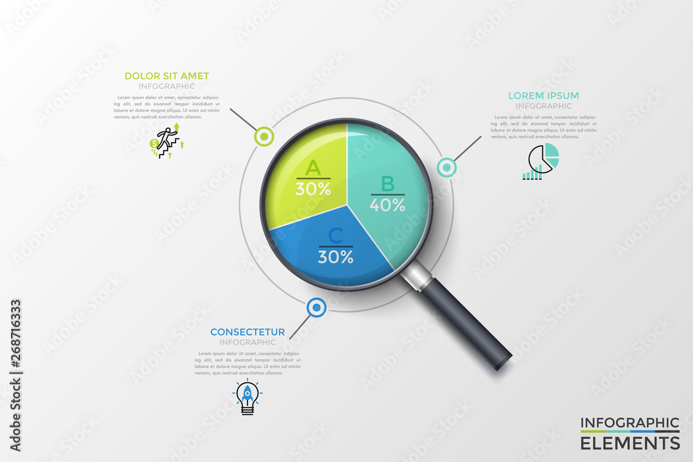 Realistic magnifying glass with round diagram inside divided into 3 ...