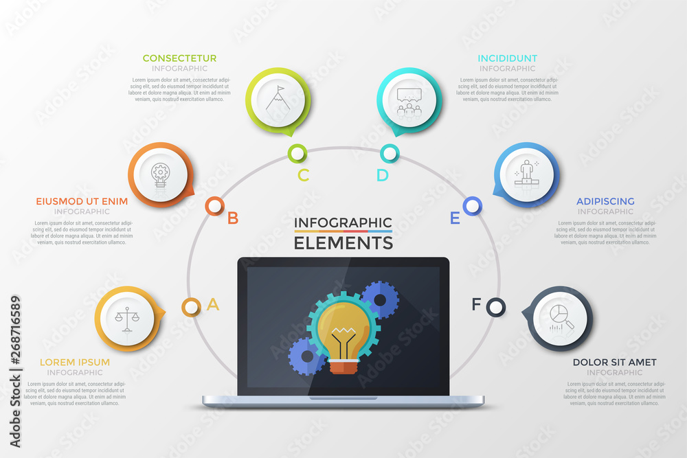 Laptop with light bulb and gear wheels on screen, 6 lettered round ...