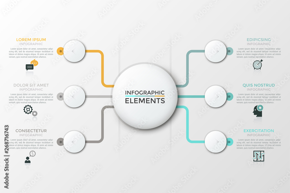 Flow chart with white central round element connected with 6 circles ...