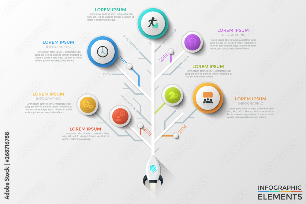 Tree diagram or vertical timeline with space rocket, round elements ...