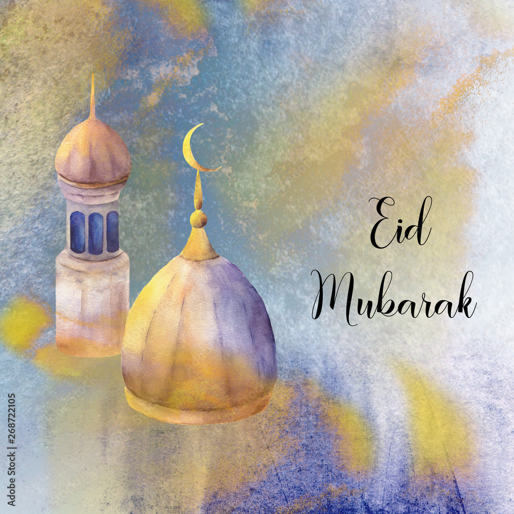 Eid Mubarak Islamic watercolor design greeting card template with the ...