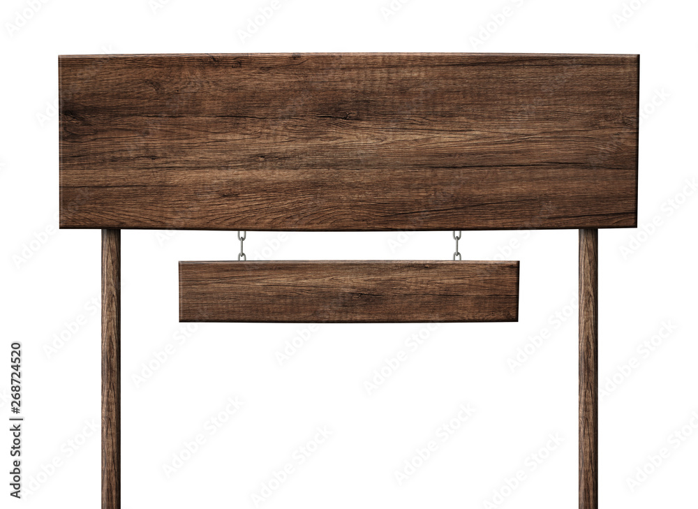 Oblong wooden double signpost with poles and made of dark wood Stock ...