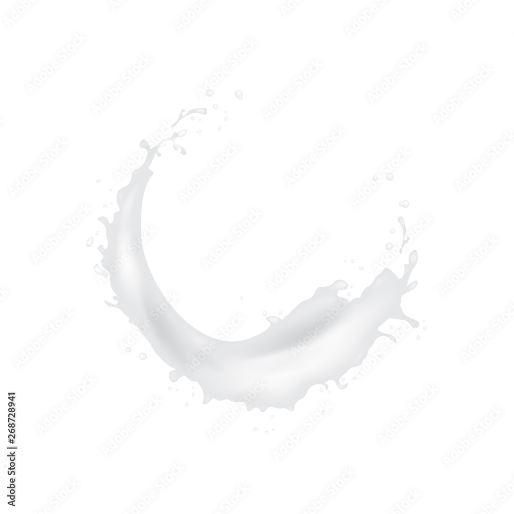 3d realistic twisted round milk splash with drops. Isolated yogurt ...