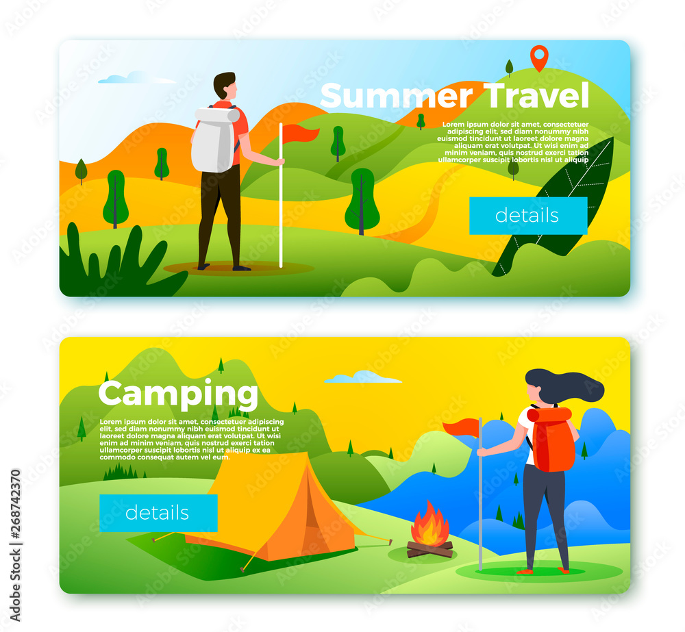 Vector set of banner templates with people hiking Stock Vector | Adobe ...