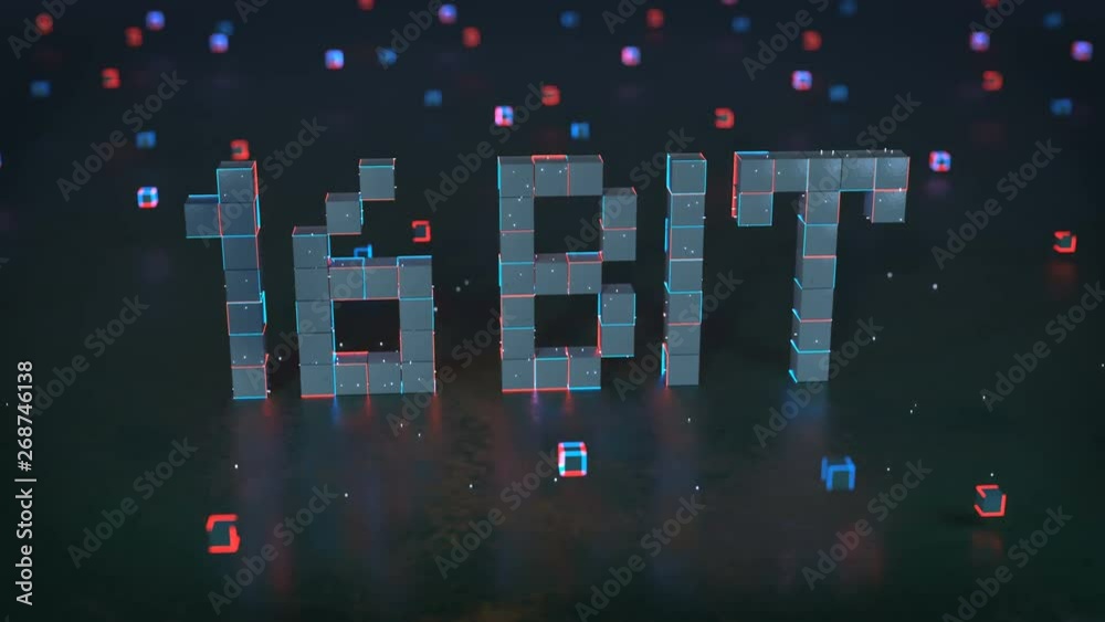 Pixelated text 16 bit on reflective floor. Retro videogame style design ...